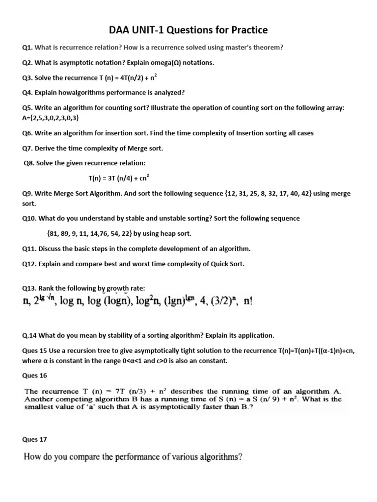 DAA Unit_1_Practice Questions (1) | PDF | Recurrence Relation | Time Complexity