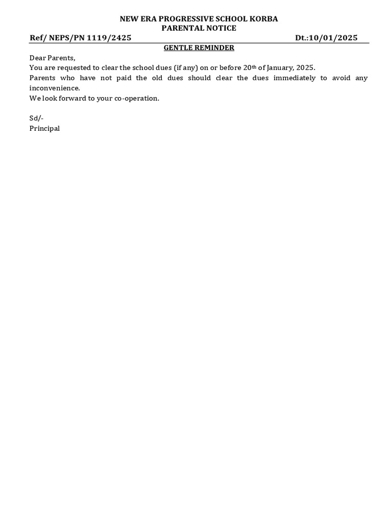 NEPS Korba: School Dues Reminder | PDF
