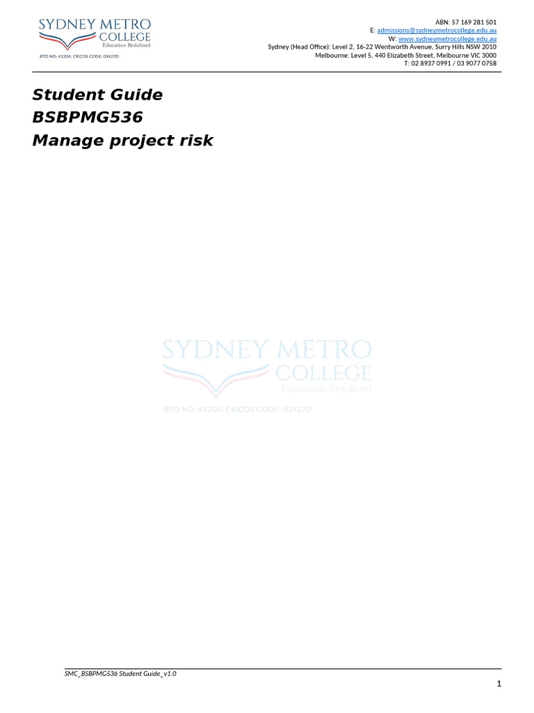 BSBPMG536 Student Guide - v1.0.v1.0 | PDF | Risk | Risk Management