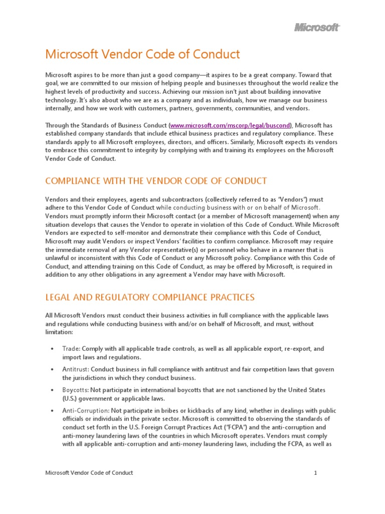 Microsoft Vendor Code of Conduct 2011 | PDF | Corruption | Occupational ...