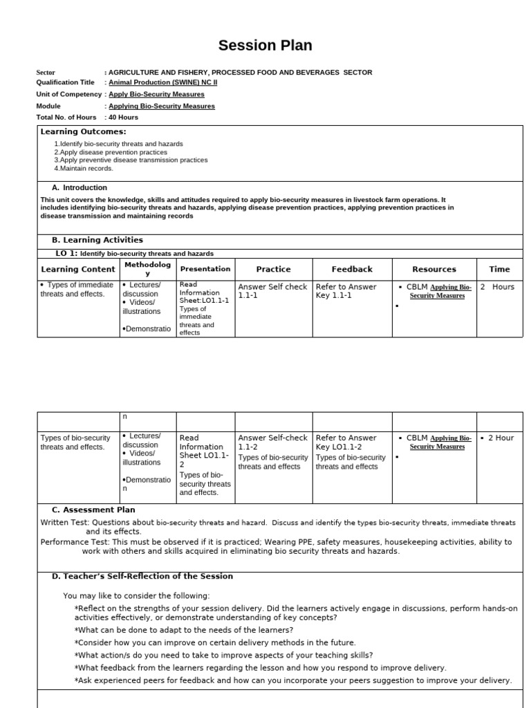 UC 6 LO1 Session Plan Swine Production NCII AVENDANIO | PDF | Learning ...