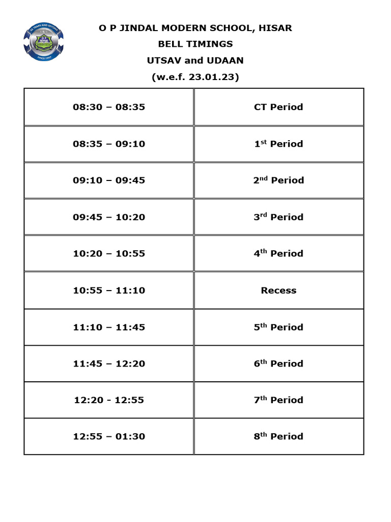 Bell Timings UTSAV and UDAAN W.E.F 23.01.23 | PDF