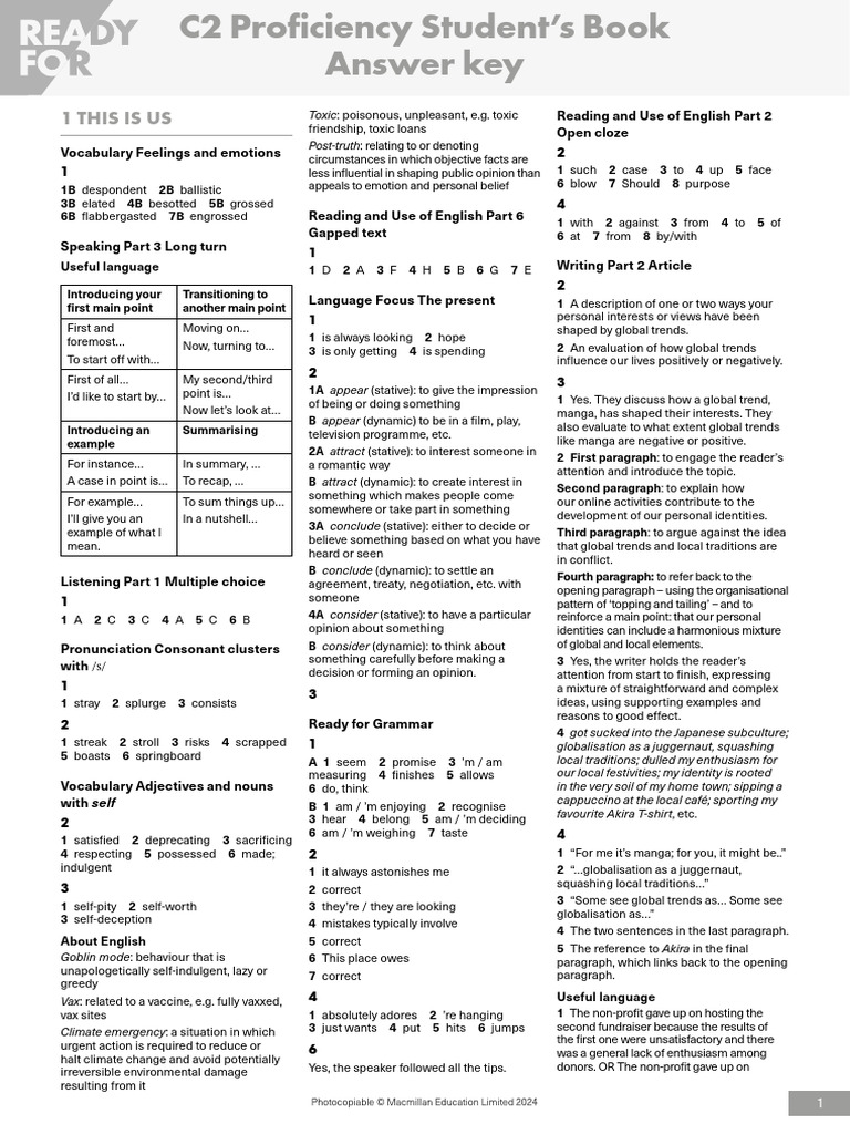 C2 Proficiency Answer Key & Tips | PDF | Linguistics