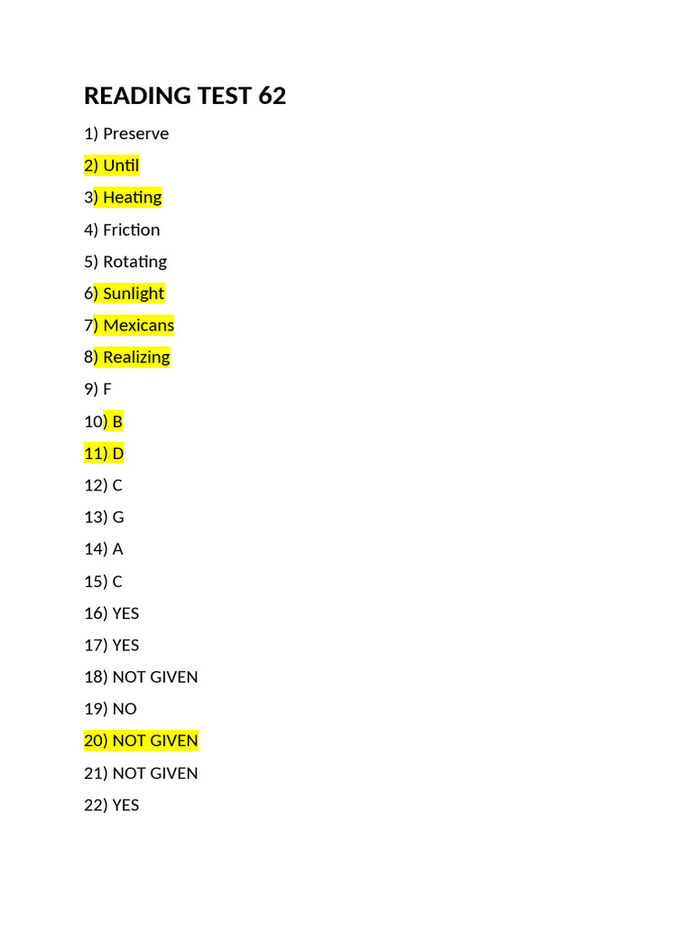 Reading Test 62 Answers and Topics | PDF
