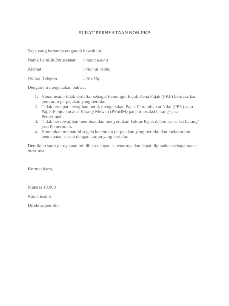 Surat Pernyataan Non PKP - Contoh | PDF