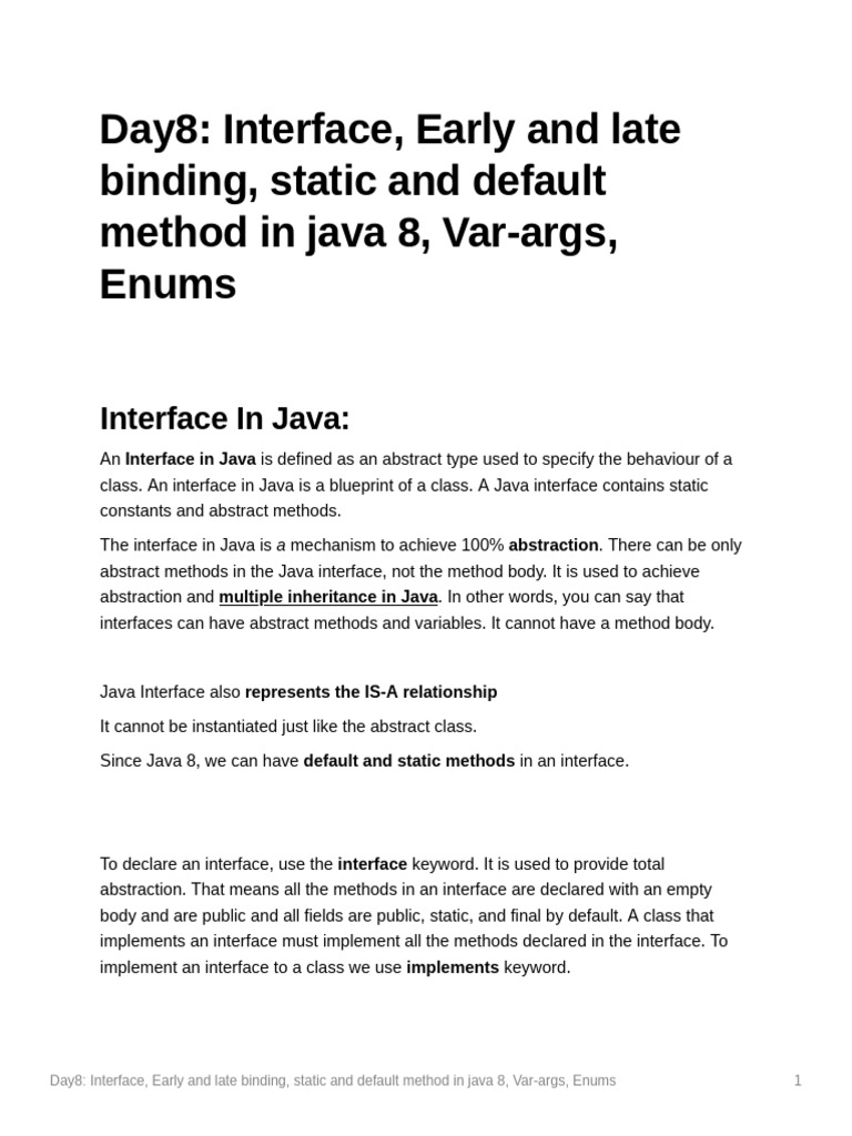 Interface Early And Late Binding Static And Default Method In Java 8 Var Args Enum Pdf