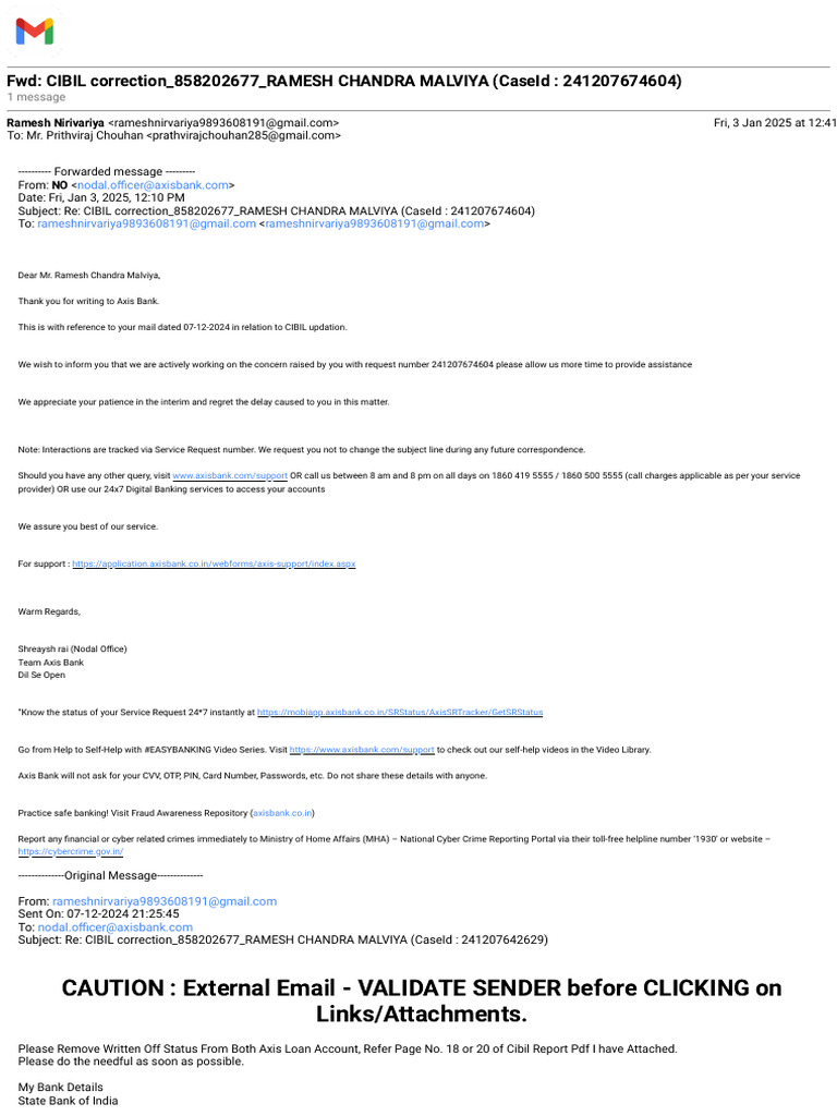 CIBIL Correction Request Update for Ramesh Malviya | PDF