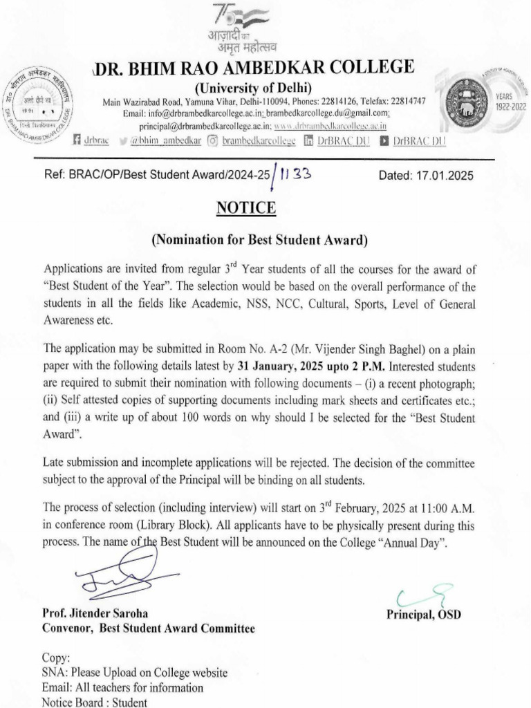 Notice-Nomination For Best Student Award | PDF