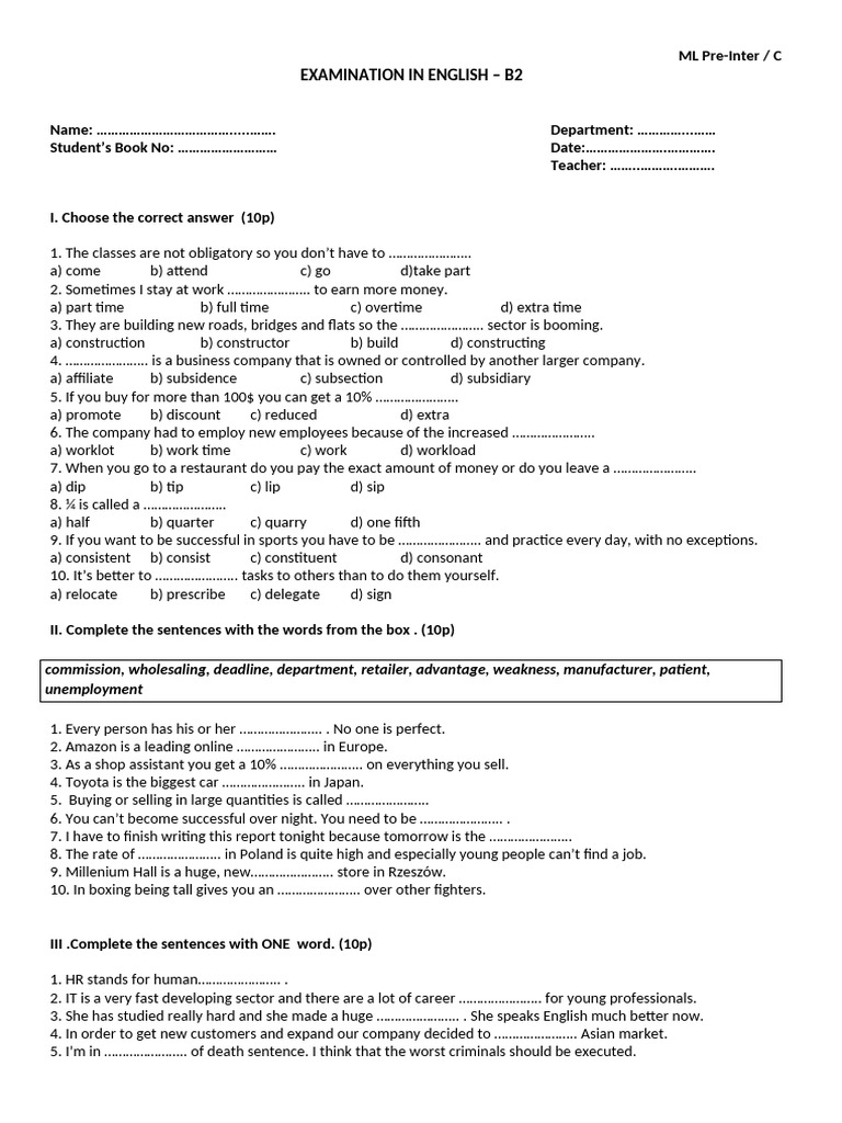 Market Leader Pre-Intermediate Exam Guide | PDF