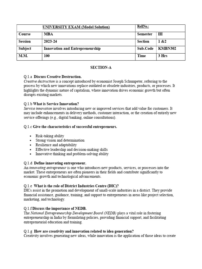 Ut Solution Kmbn302 2023-24 | PDF | Entrepreneurship | Innovation
