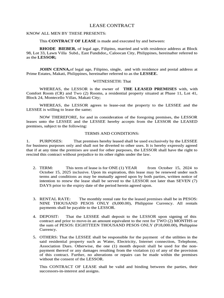 LEASE CONTRACT | PDF | Lease | Law And Economics