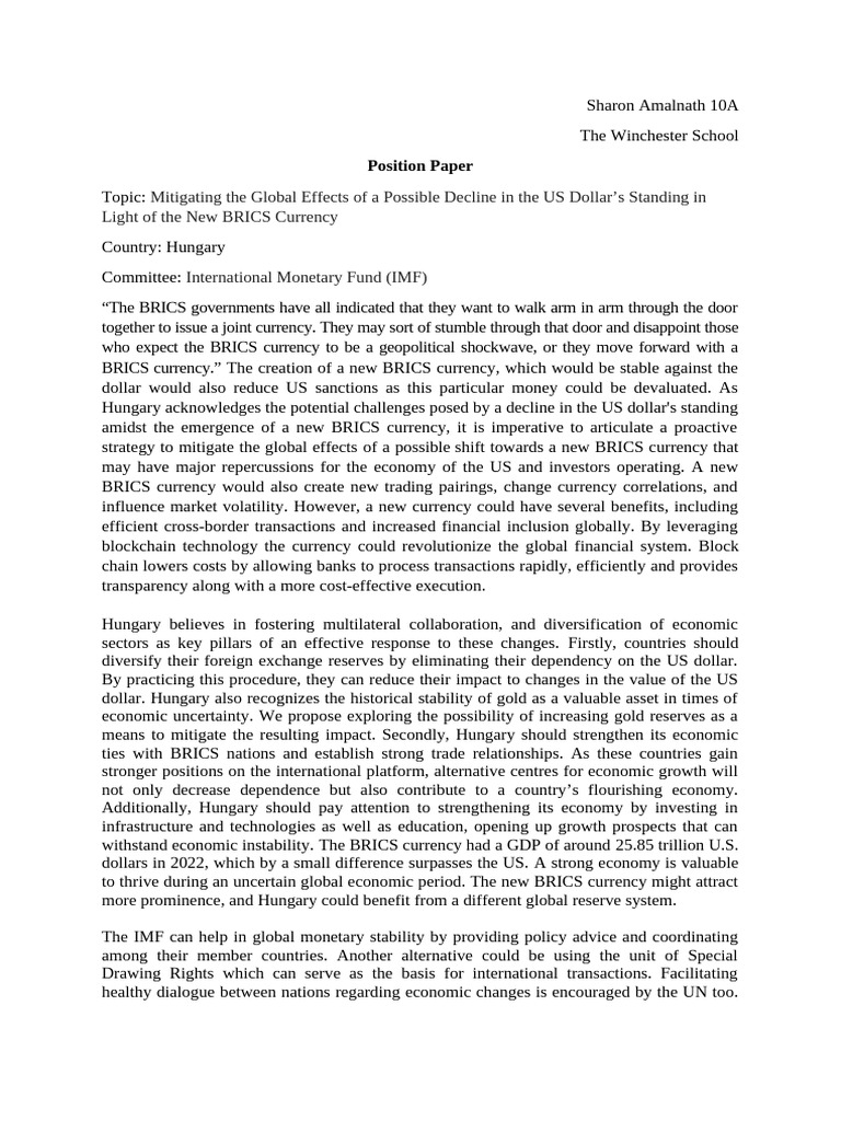 Position Paper Agenda 1-Delegate of Hungary | PDF | Bric | Currency