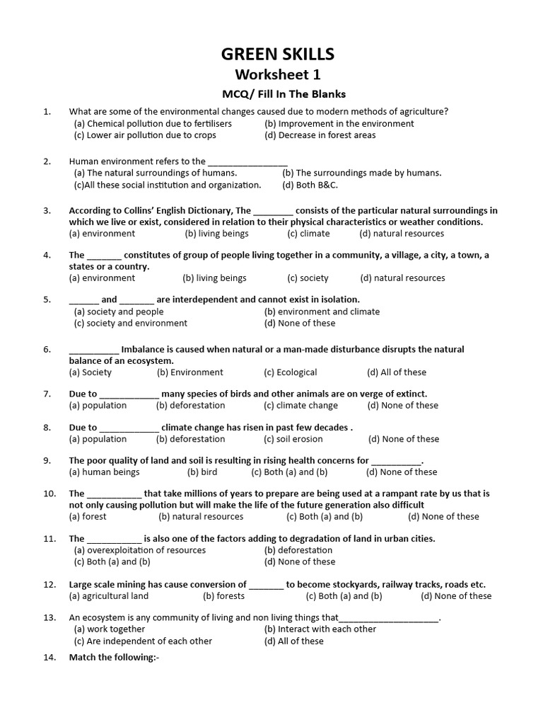 GREEN SKILLS worksheet 1 | PDF | Natural Environment | Environmental ...
