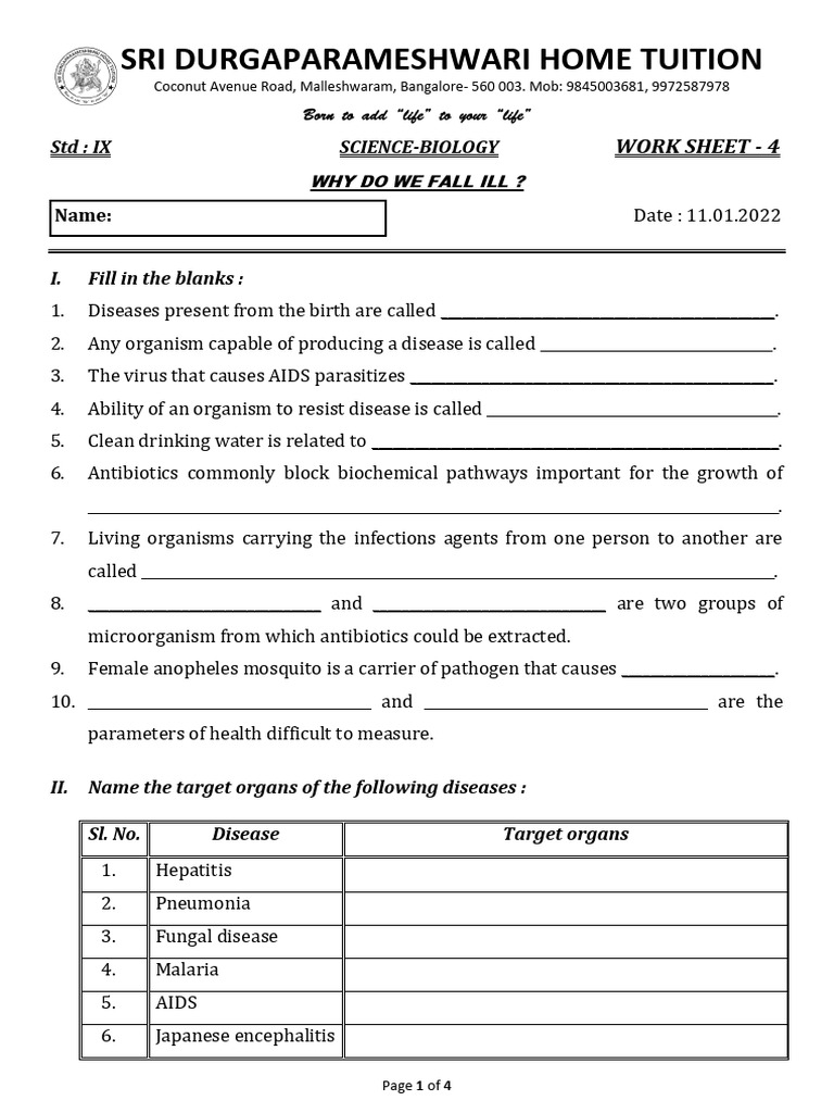 IX STD Bio Worksheet - 4 | PDF | Infection | Pathogen