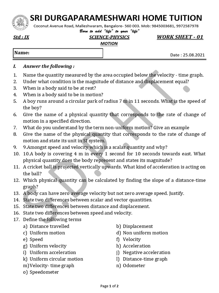IX STD Physics Worksheet - 1 Motion | PDF | Velocity | Acceleration