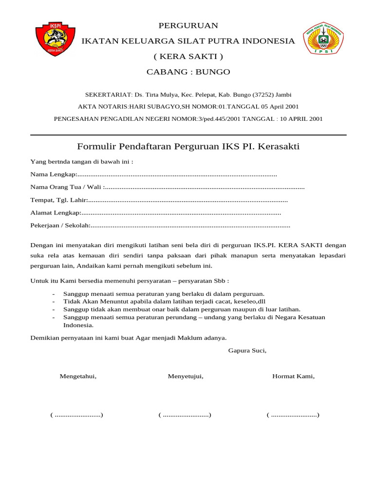 Formulir Pendaftaran Perguruan Iks Pi. Kera Sakti | PDF