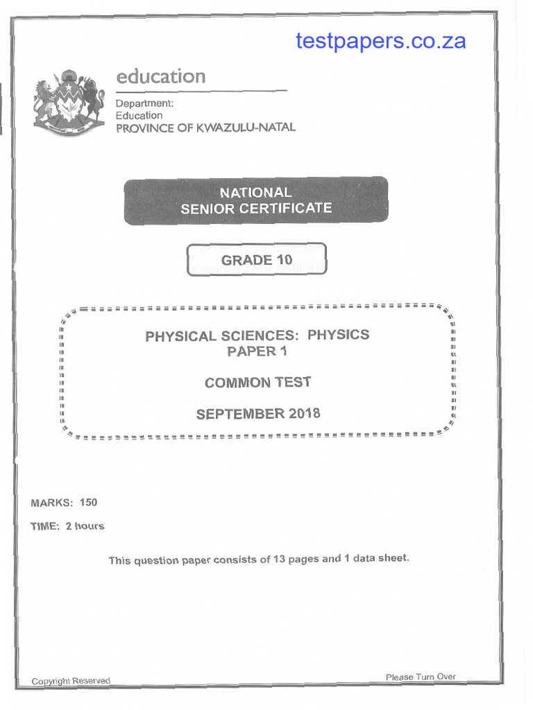 PHY-P1-Sep-QP & Memo-2018-Gr10 | PDF