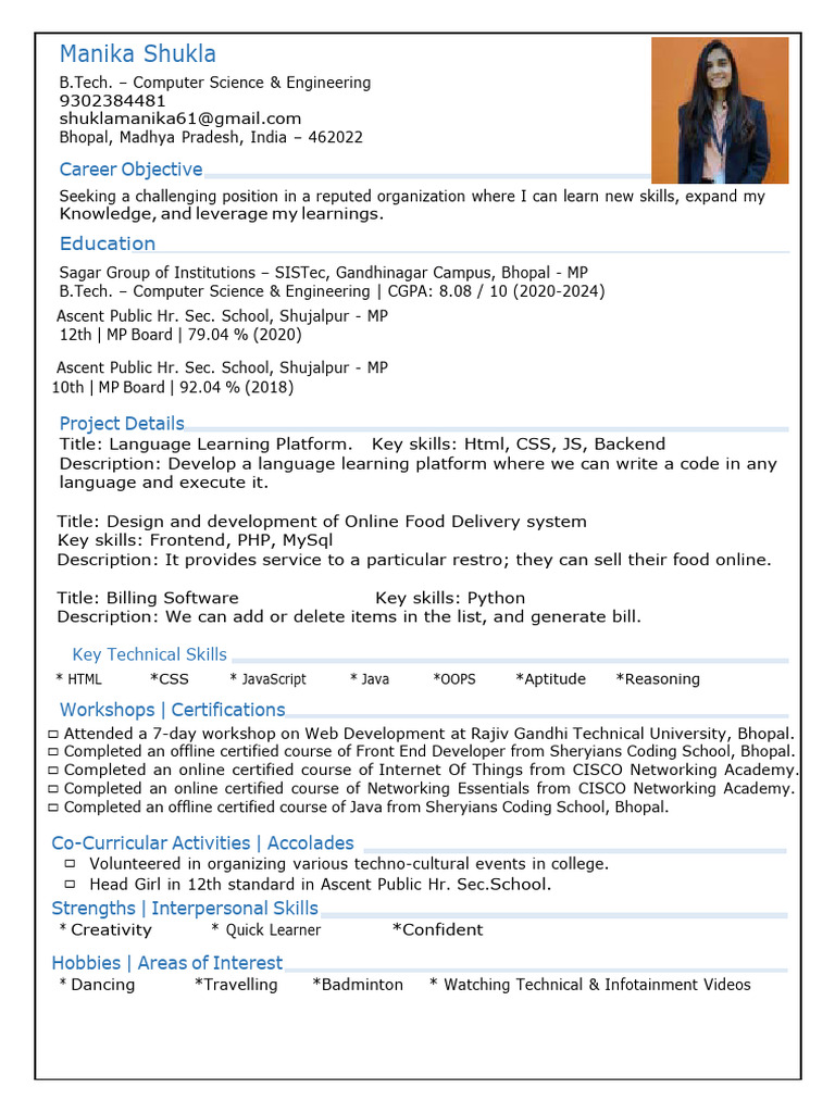 Manika Shukla: CS Engineer Resume | PDF