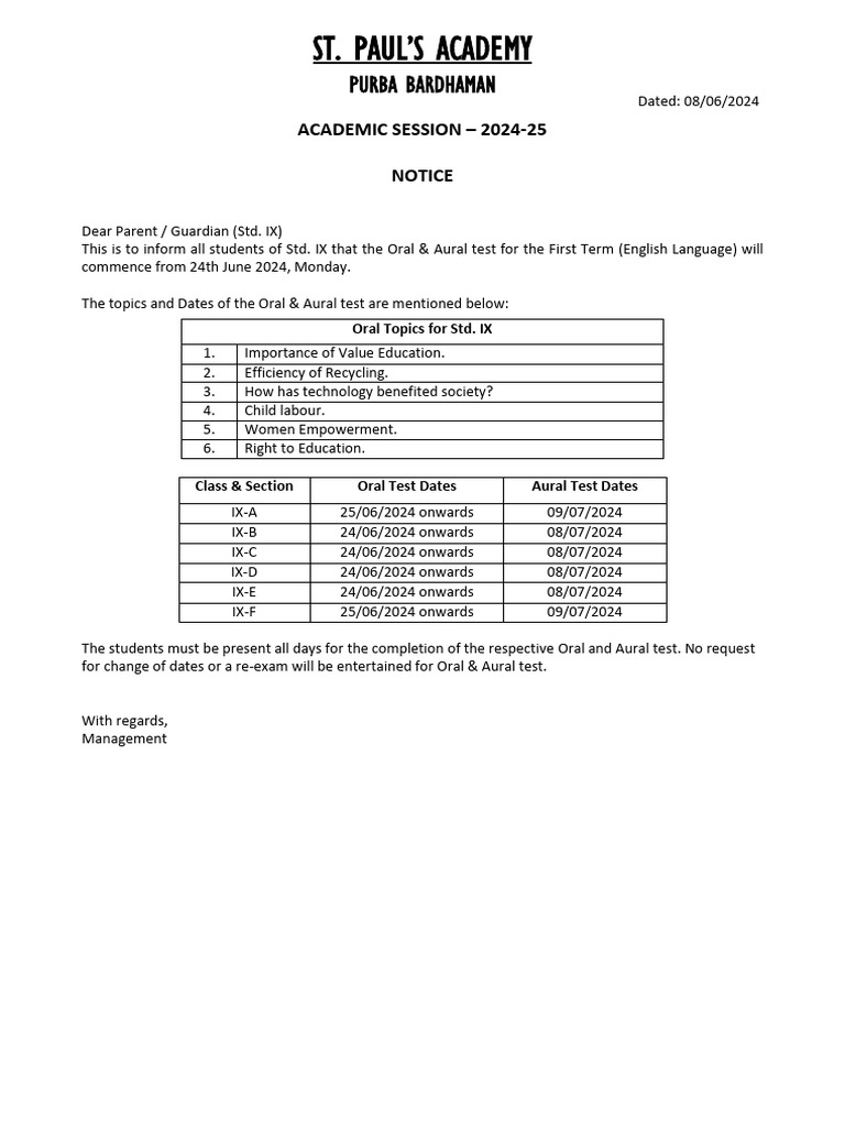 E-Message For Oral & Aural Test of Std. IX 2024-25 | PDF