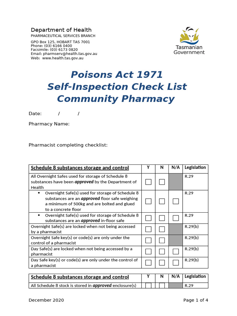 Self-Inspection Check List Community Pharmacy Poisons Act 1971 ...