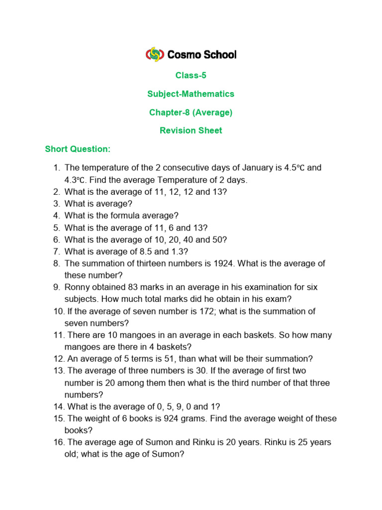 Class - 5, Sub - Math, Chapter - Average, Revision Sheet | PDF
