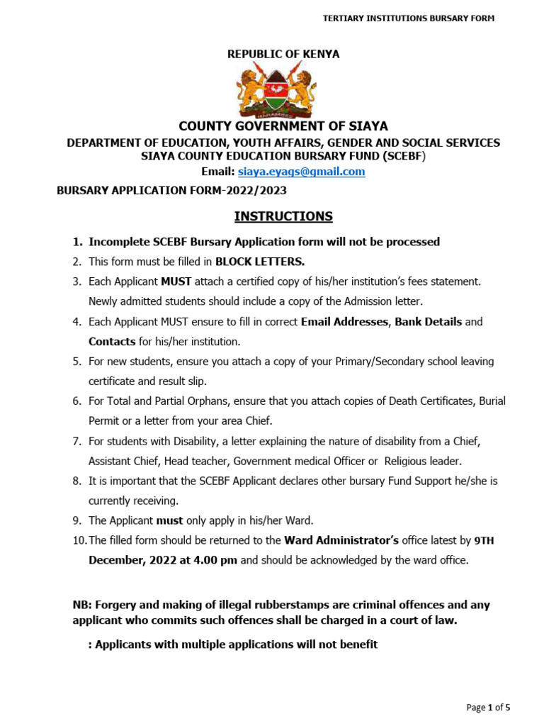 Siaya County Bursary Form Tertiary 2 | PDF | Justice | Crime & Violence