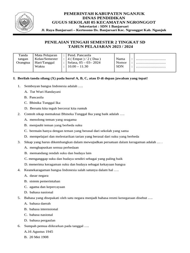 SOAL PTS SMT 2 KELAS 4 2023-2024 - Baru | PDF