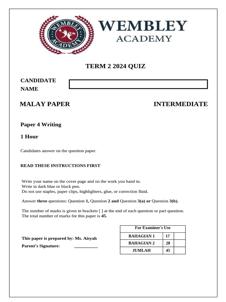 Intermediate Malay Writing Quiz | PDF