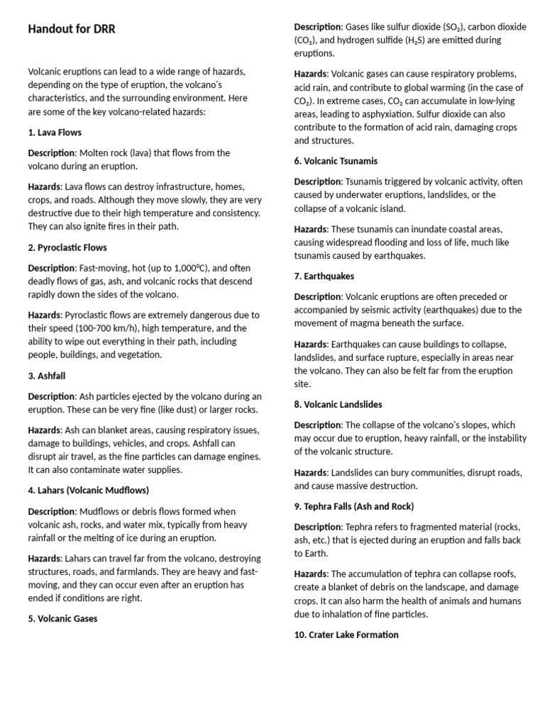 Handout For DRRR | PDF | Volcano | Earthquakes