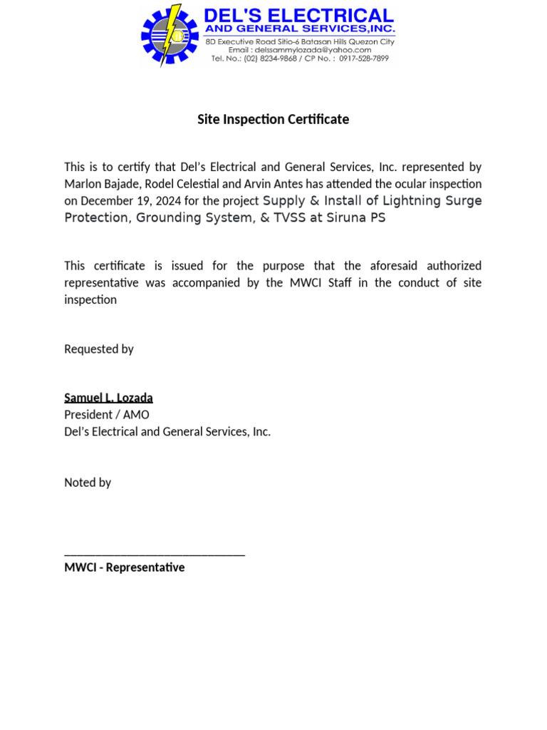 Site Inspection Certificate | PDF