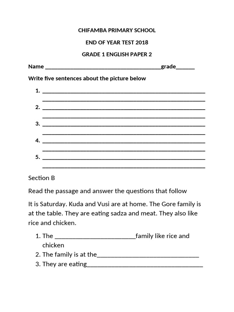 2018 Grade 1 Paper 2 English | PDF
