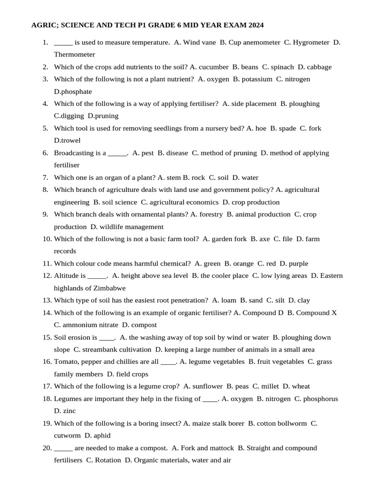 Grade 6 Agriculture Mid-Year Exam 2024 | PDF | Soil | Fertilizer