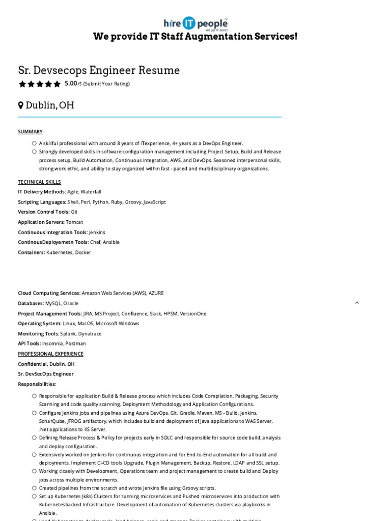 Sr. DevSecOps Engineer Resume Dublin, OH - Hire IT People - We get IT ...