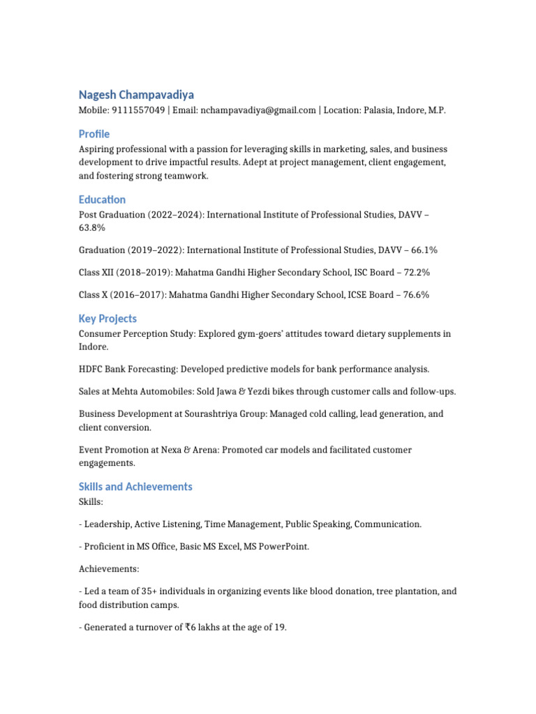 Nagesh Champavadiya Single Page CV | PDF