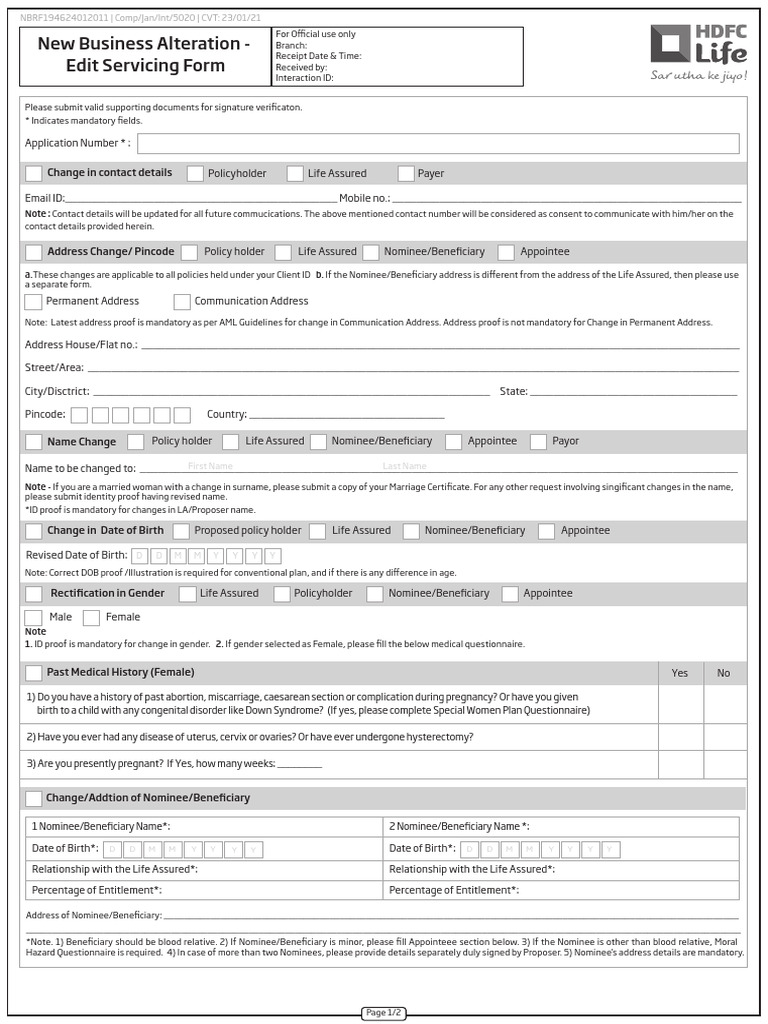 HDFC Life Alteration Servicing Form | PDF | Insurance | Pregnancy