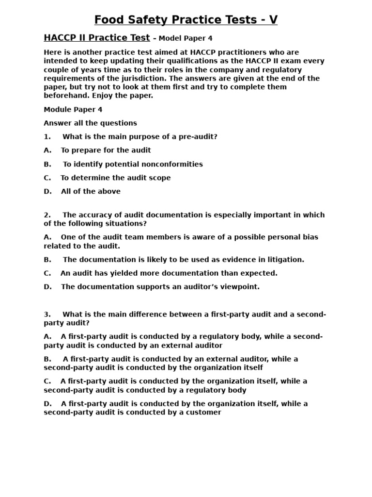 Food Safety Practice Tests - V | PDF | Risk | Audit