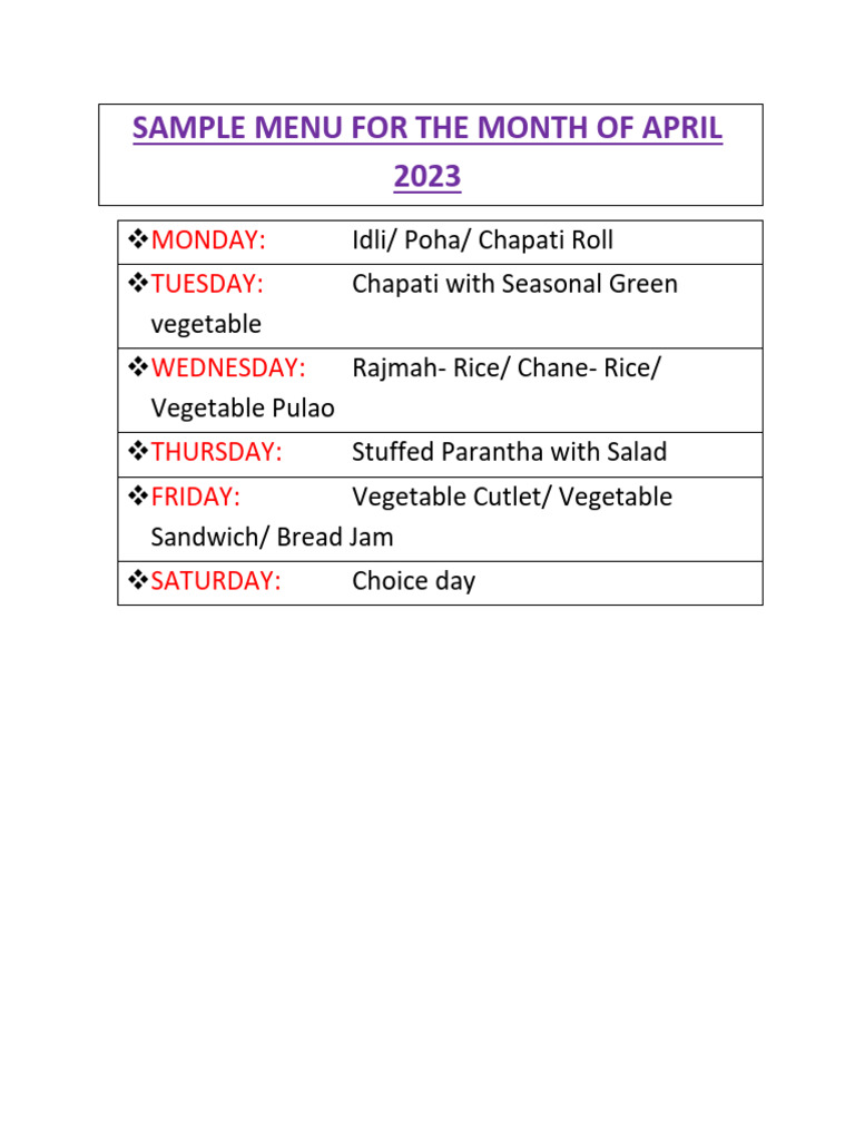 April 2023 Weekly Meal Menu | PDF