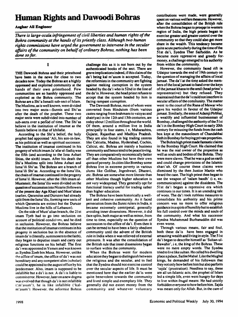EPW 1994-Commentaryhumanrightsanddawoodibohras | PDF | Isma'ilism ...