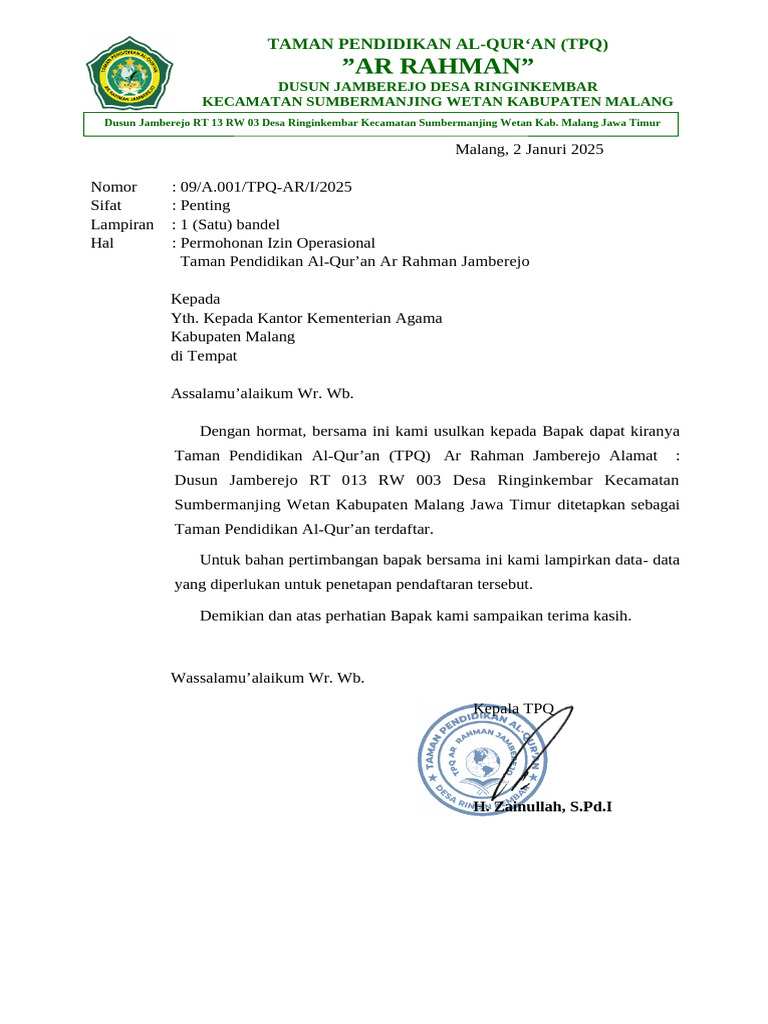 Format Surat Permohonan Ijop TPQ | PDF