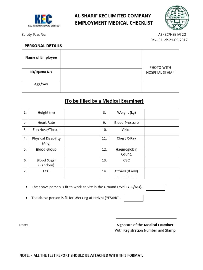 KEC - Pre Employment Medical Checklist New | PDF