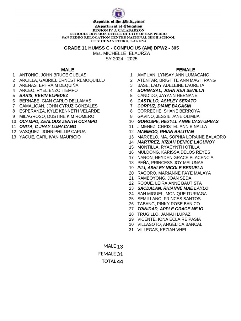 Grade 11 Humss C Sy 24 25 | PDF