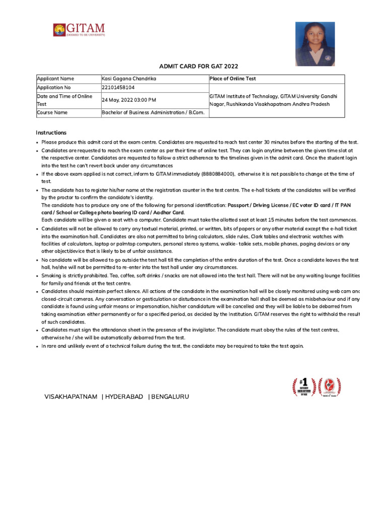 GAT 2022 Admit Card Instructions | PDF | Identity Document | Government ...