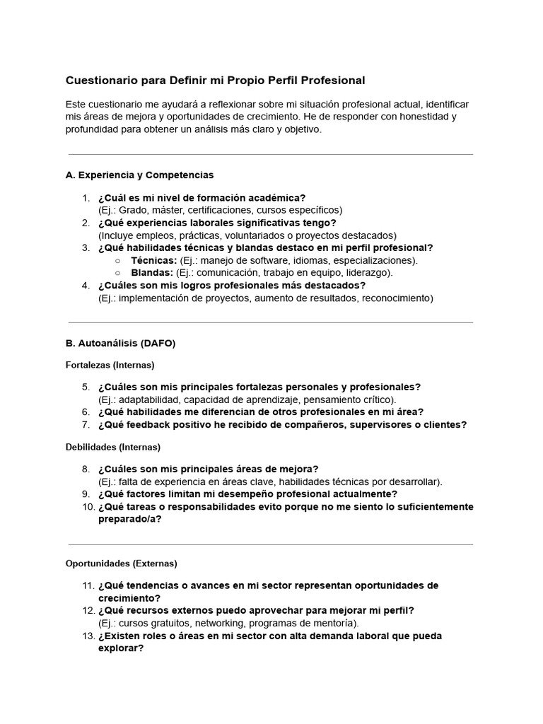 Cuestionario para Definir Perfil Profesional | PDF | Persona de libre ...