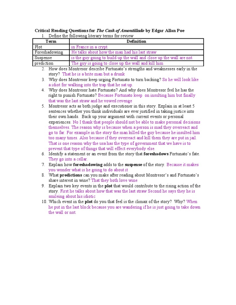Critical Reading Questions For The Cask of Amontillado | PDF