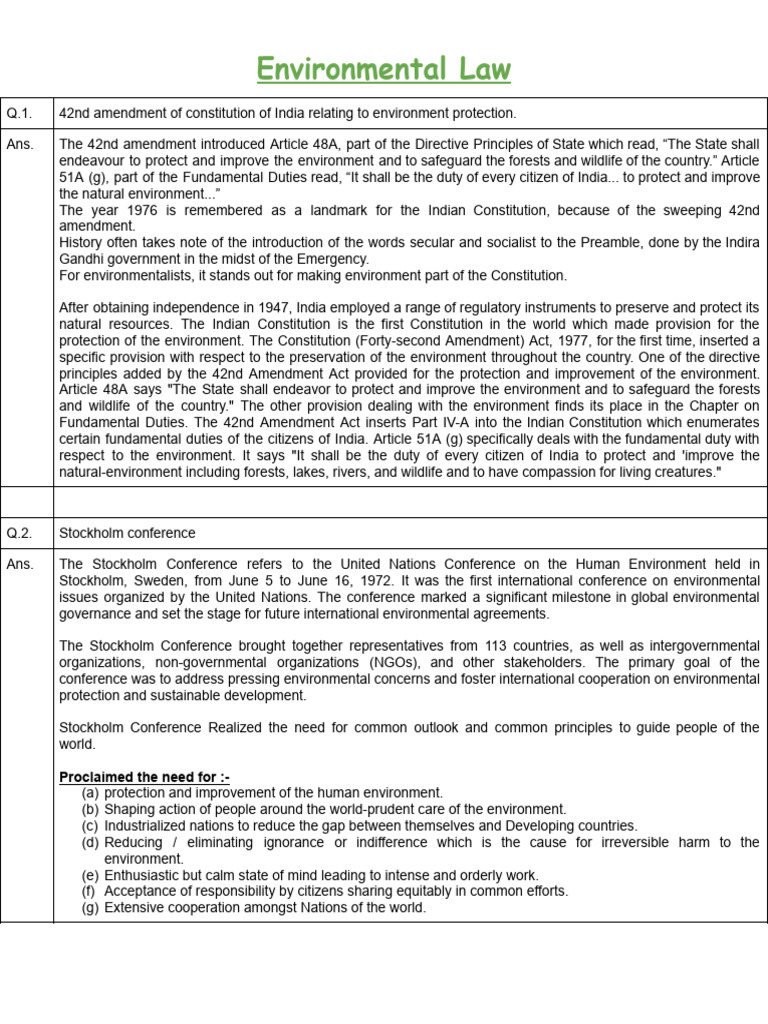 IMP Que & Ans of Environmental Law | PDF | Sustainability | Environmental Impact Assessment