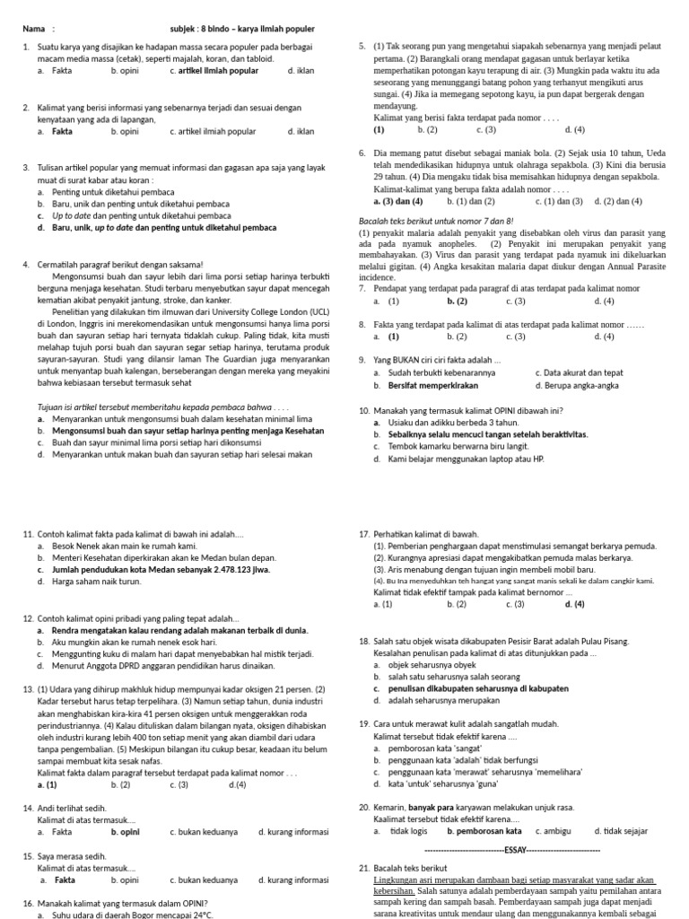 8 BINDO - Artikel Ilmiah Populer - Answer | PDF