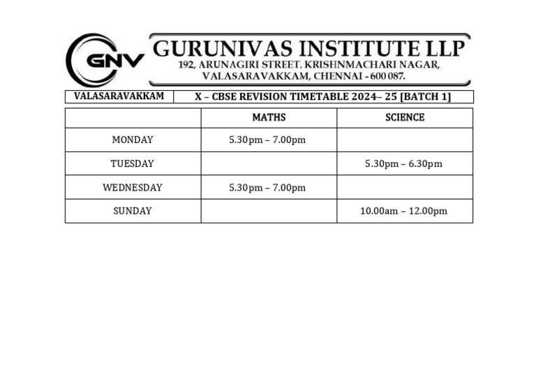 X Cbse Revision Time Table (Batch-1) | PDF