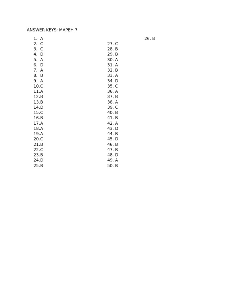 Answer Keys - Mapeh 7 | PDF
