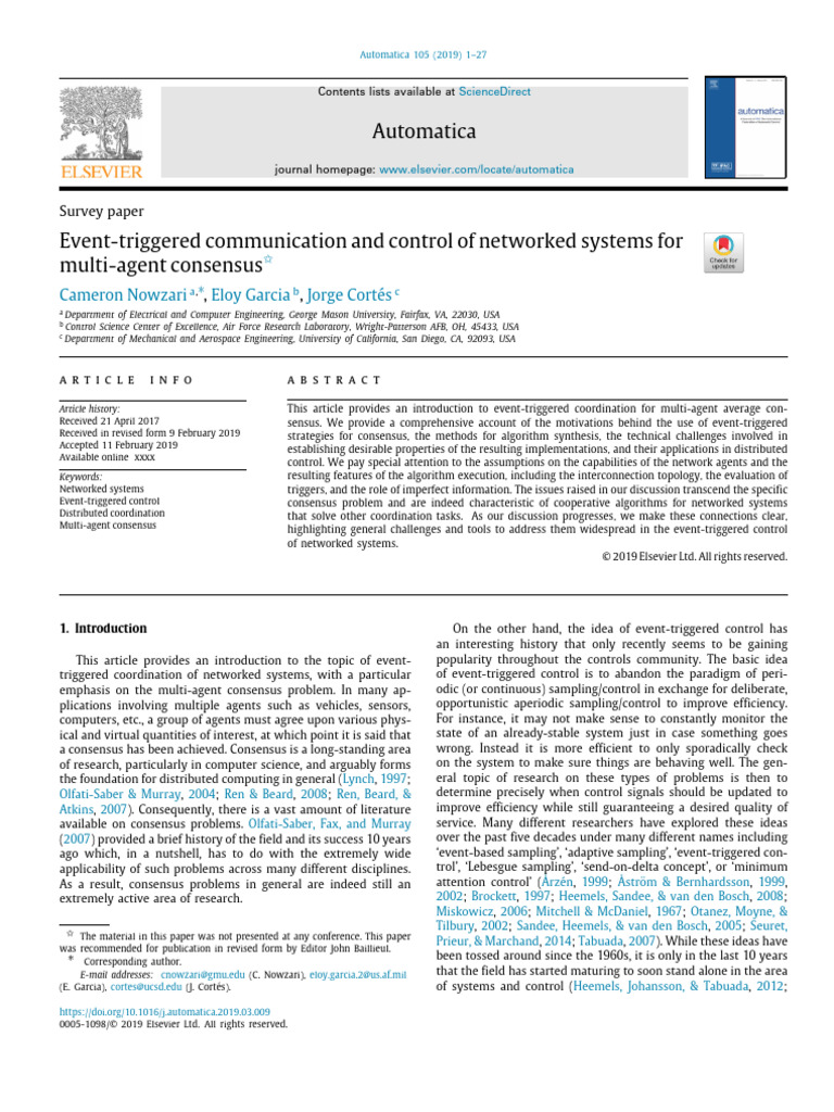 Event Triggered Communication And Control Of Networked Systems For Multi Agent Consensus Pdf