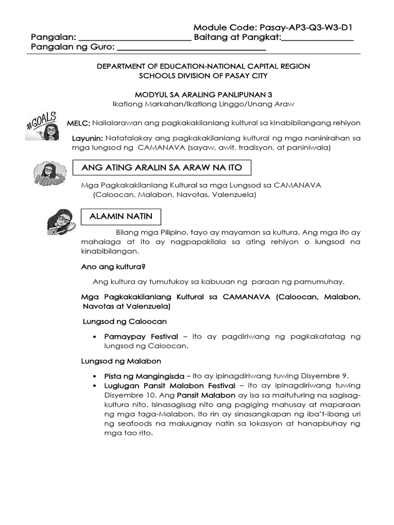 Module Code: Pasay-AP3-Q3-W3-D1 Pangalan: - Baitang at Pangkat: - Pangalan NG Guro | PDF